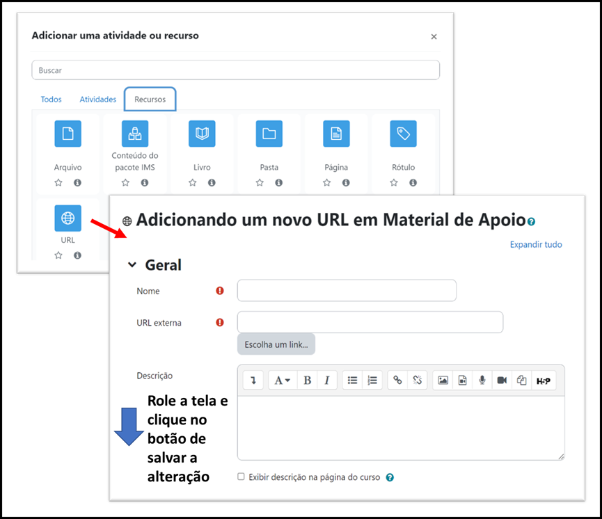 Sala_Professores: Inserir URL/Link | Moodle Câmpus (SPO)